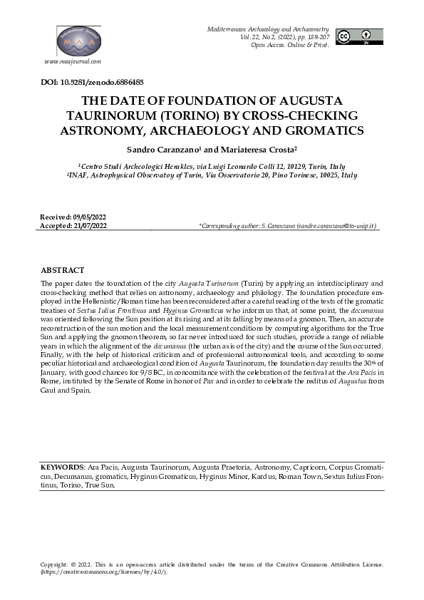 (PDF) The Date of Foundation of Augusta Taurinorum (Torino) by Cross ...