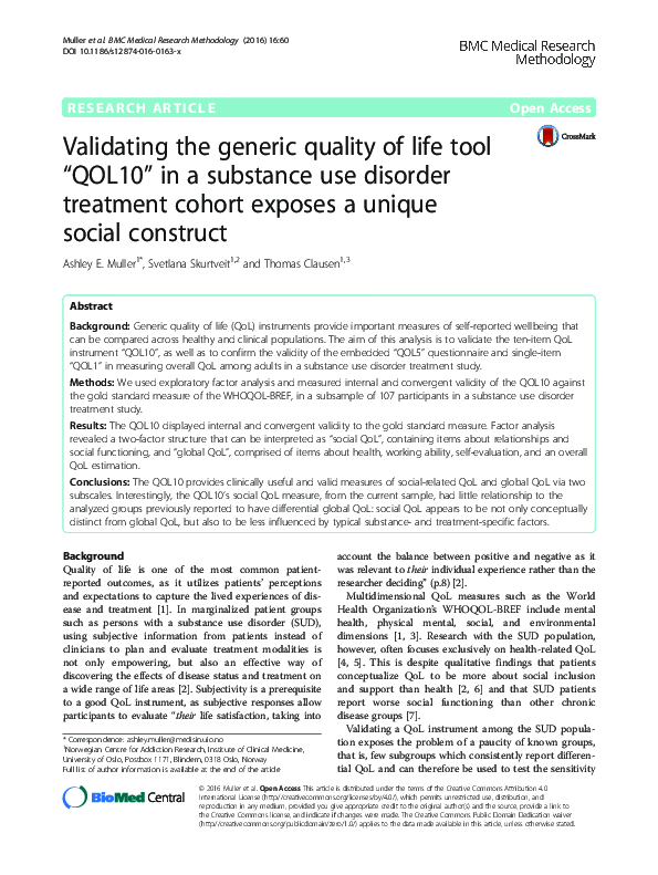 (PDF) Validating the generic quality of life tool “QOL10” in a ...