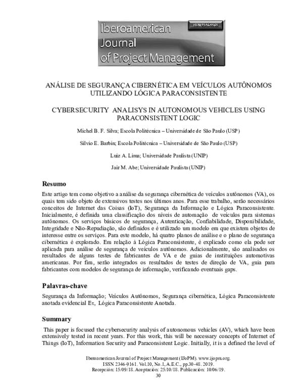 (PDF) Cybersecurity Analisys in Autonomous Vehicles Using Paraconsistent Logic
