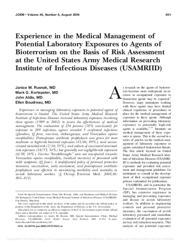 (PDF) Experience in the Medical Management of Potential Laboratory ...