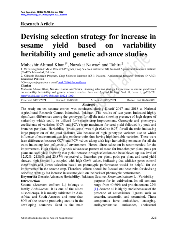 (PDF) Devising selection strategy for increase in sesame yield based on ...