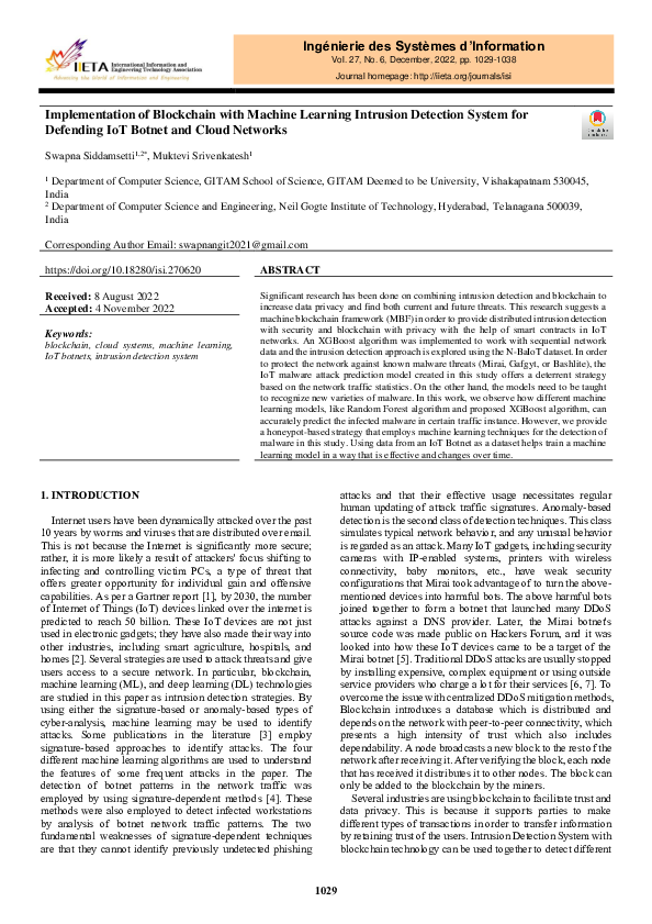 Pdf Implementation Of Blockchain With Machine Learning Intrusion Detection System For