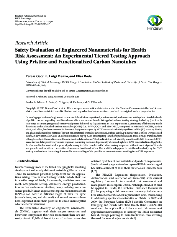 (PDF) Safety evaluation of engineered nanomaterials for health risk assessment: an experimental ...