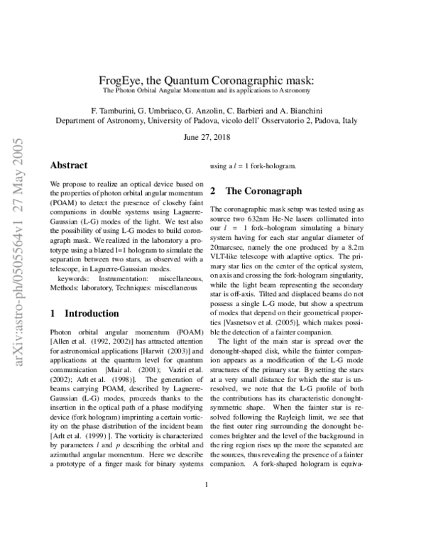 (PDF) FrogEye, the Quantum Coronagraphic mask. The Photon Orbital Angular Momentum and its ...