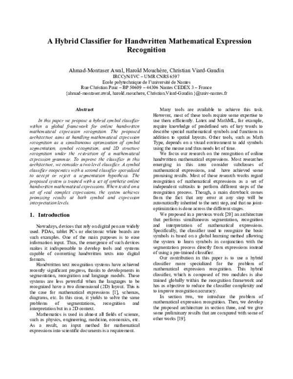 (PDF) A hybrid classifier for handwritten mathematical expression recognition