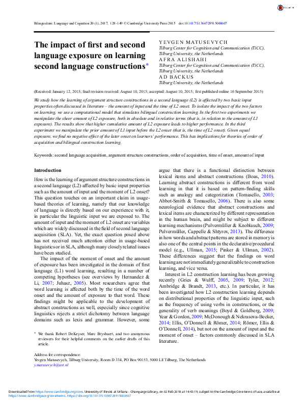 (PDF) The impact of first and second language exposure on learning second language constructions
