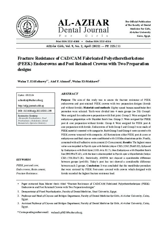 (PDF) Fracture Resistance of CAD/CAM Fabricated Polyetheretherketone ...