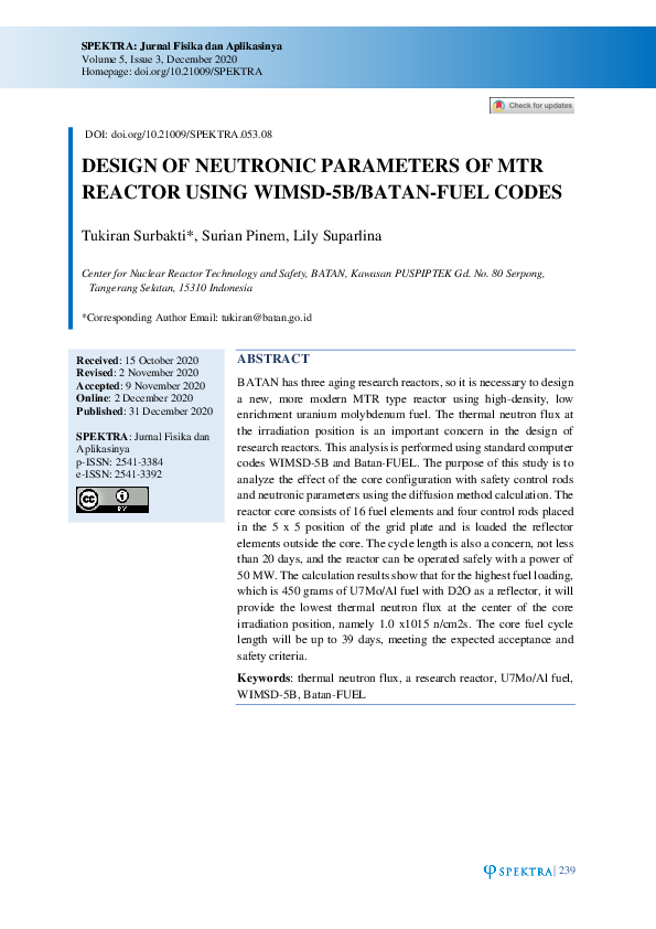 (PDF) Design of Neutronic Parameters of MTR Reactor Using WIMSD-5B ...