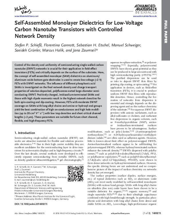 (PDF) Self-Assembled Monolayer Dielectrics for Low-Voltage Carbon Nanotube Transistors with ...