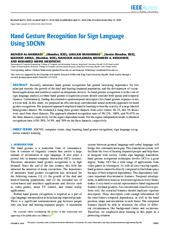 (PDF) Hand Gesture Recognition for Sign Language Using 3DCNN | mansour alsulaiman - Academia.edu