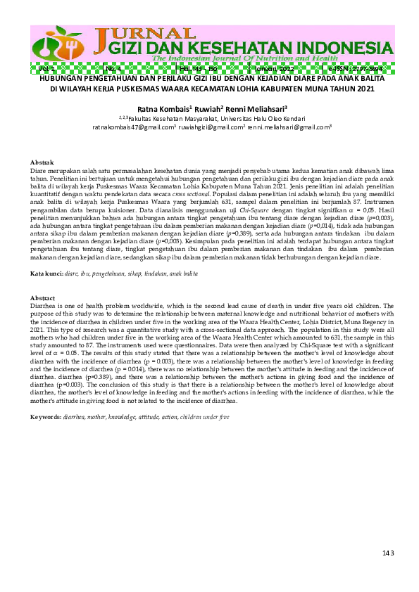 (PDF) Hubungan Pengetahuan Dan Perilaku Gizi Ibu Dengan Kejadian Diare Pada Anak Balita DI ...