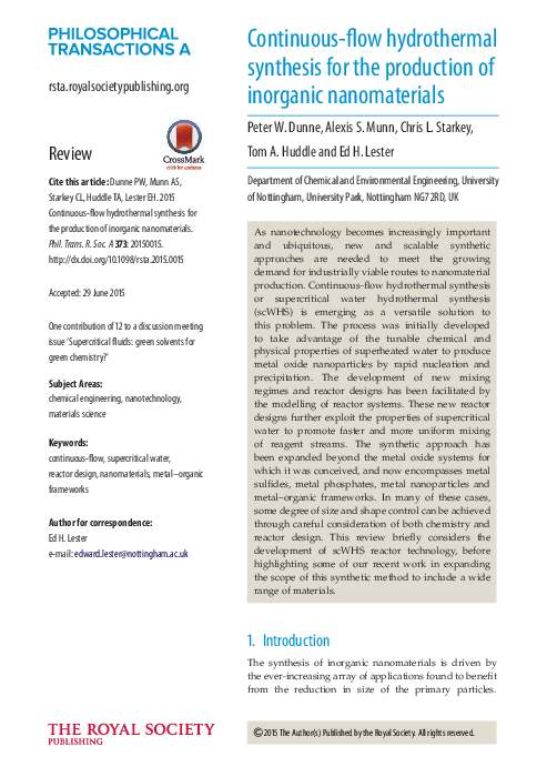 (PDF) Continuous-flow hydrothermal synthesis for the production of inorganic nanomaterials