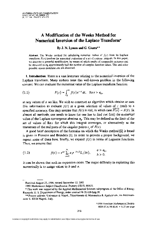 Pdf A Modification Of The Weeks Method For Numerical Inversion Of The Laplace Transform