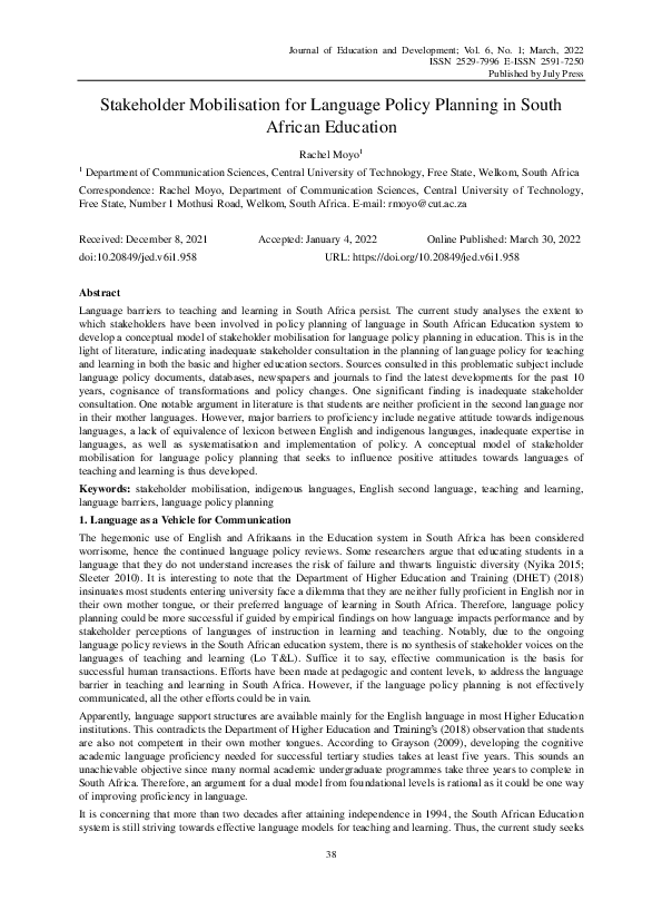 (PDF) Stakeholder Mobilisation for Language Policy Planning in South African Education