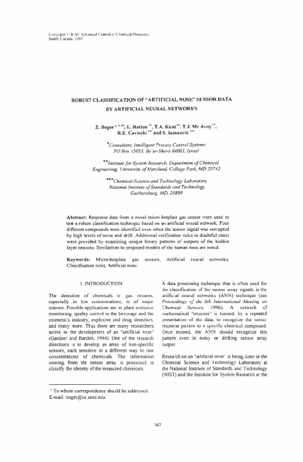 (PDF) Robust Classification of "Artificial Nose" Sensor Data by Artificial Neural Networks