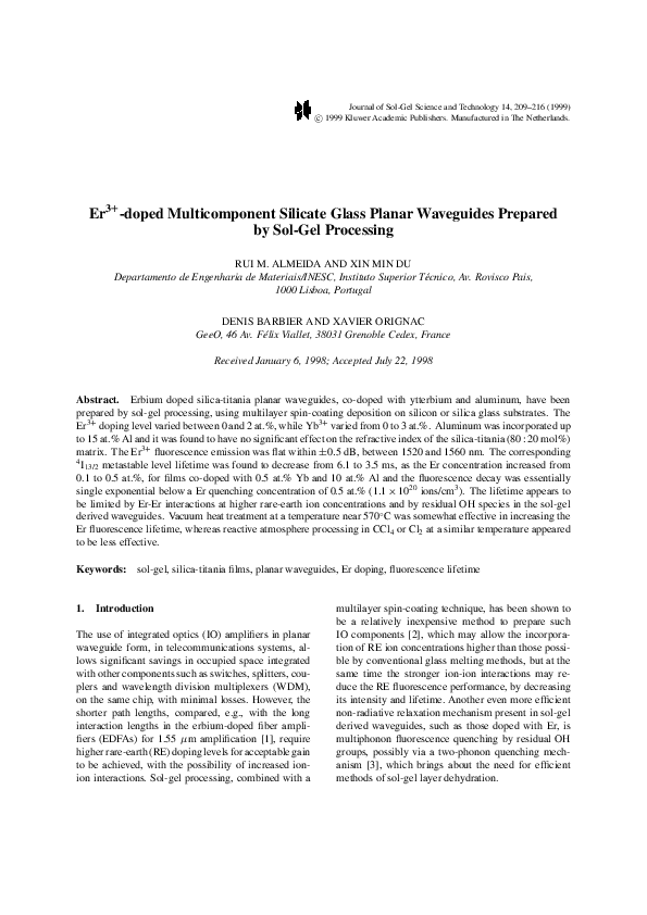 (PDF) Er3+-doped multicomponent silicate glass planar waveguides ...