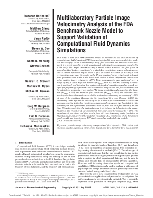 (PDF) Multilaboratory Particle Image Velocimetry Analysis of the FDA Benchmark Nozzle Model to ...
