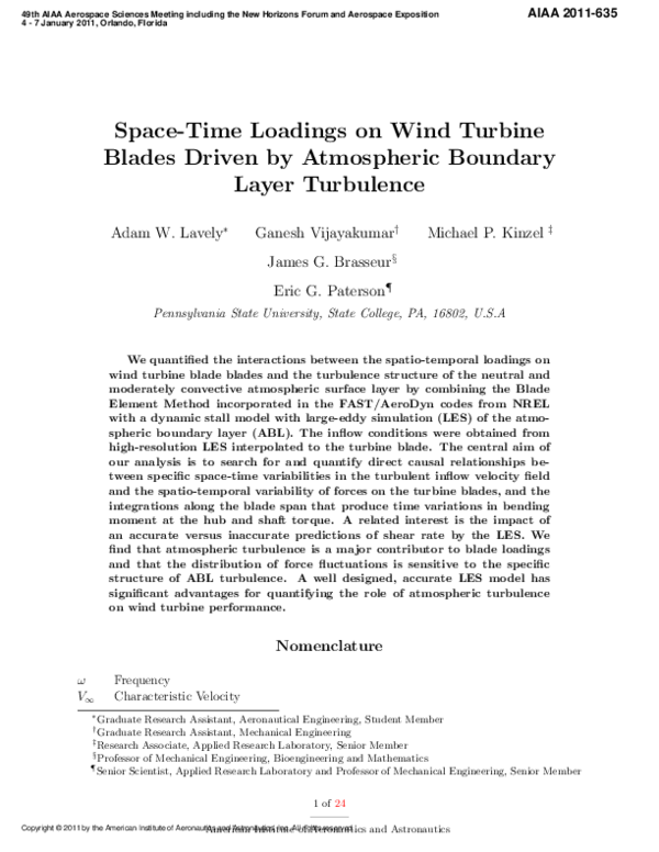 (PDF) Space-Time Loadings on Wind Turbine Blades Driven by Atmospheric Boundary Layer Turbulence