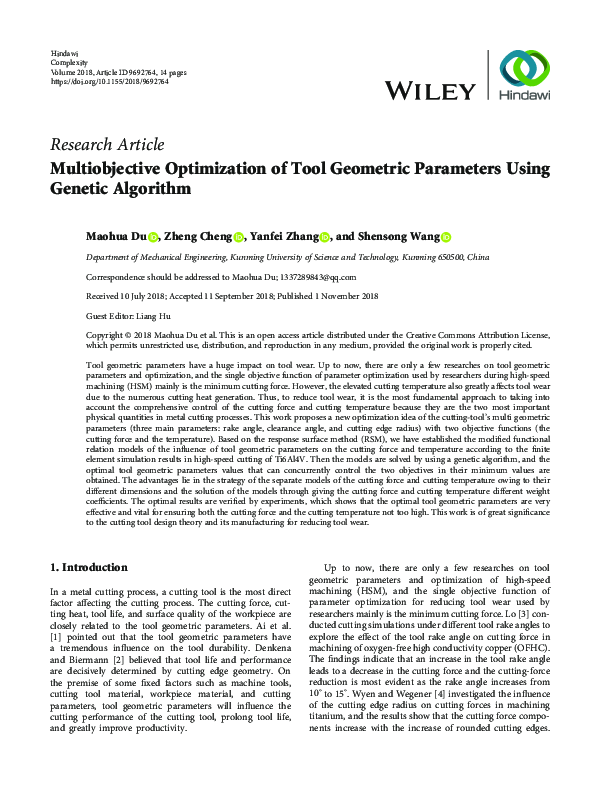 (PDF) Multiobjective Optimization of Tool Geometric Parameters Using Genetic Algorithm
