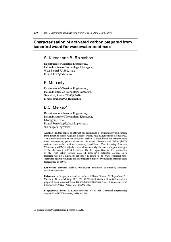 (PDF) Characterisation of activated carbon prepared from tamarind wood for wastewater treatment