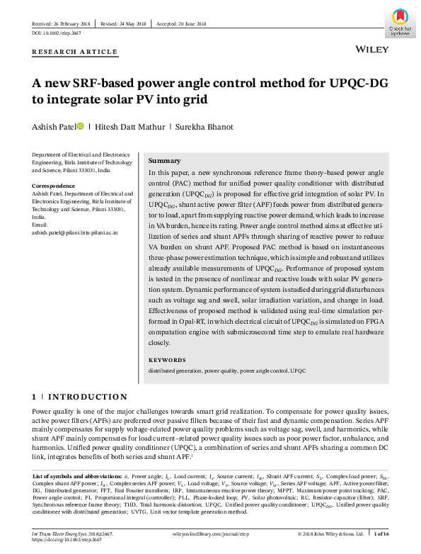 Pdf A New Srf Based Power Angle Control Method For Upqc Dg To Integrate Solar Pv Into Grid
