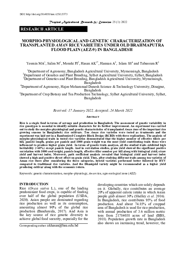 (PDF) MORPHO PHYSIOLOGICAL AND GENETIC CHARACTERIZATION OF TRANSPLANTED AMAN RICE IN BANGLADESH