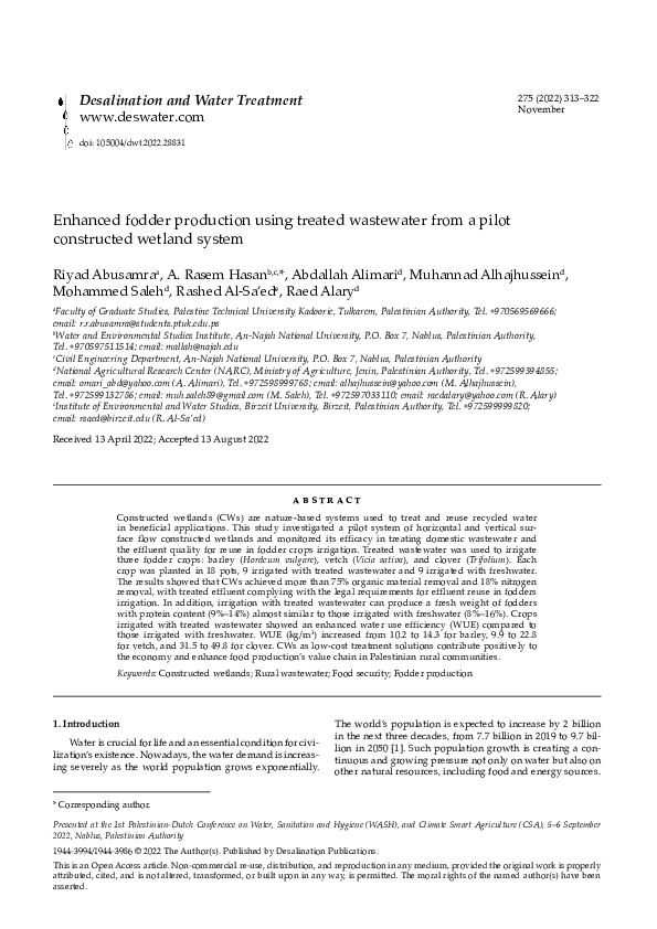 (PDF) Enhanced fodder production using treated wastewater from a pilot constructed wetland system