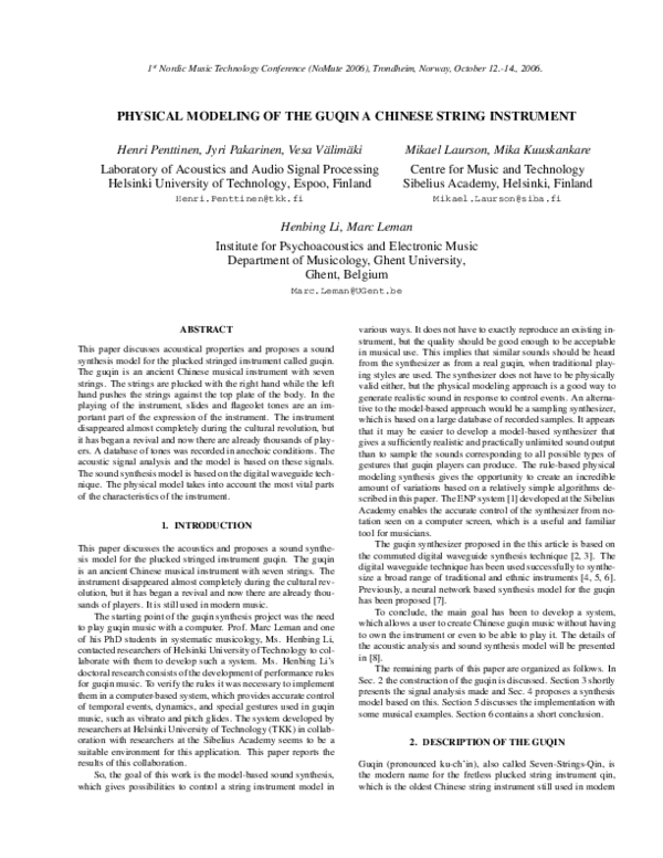 (PDF) Physical modeling of the guqin a Chinese string instrument