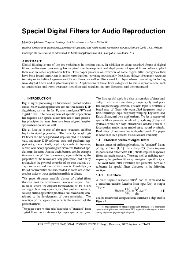 (PDF) Special digital filters for audio reproduction