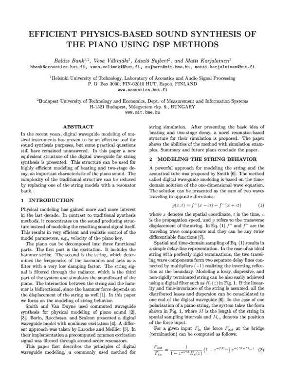 (PDF) Efficient physics-based sound synthesis of the piano using DSP methods