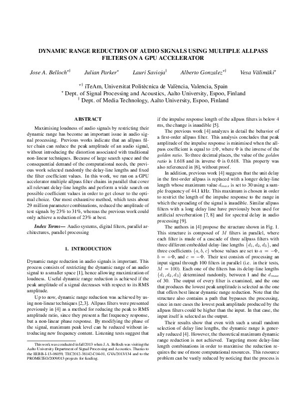 Pdf Dynamic Range Reduction Of Audio Signals Using Multiple Allpass Filters On A Gpu