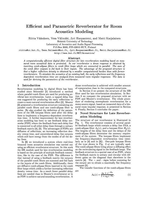 (PDF) Efficient and parametric reverberator for room acoustics modeling