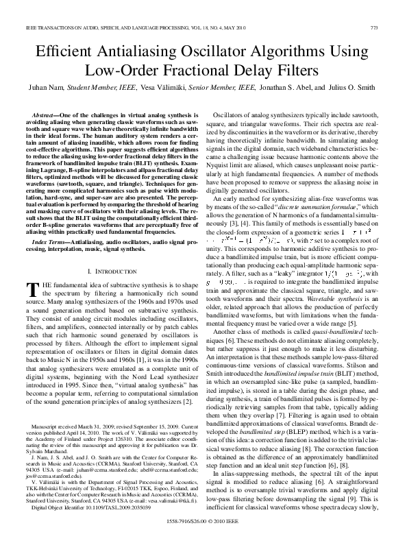 (PDF) Efficient Antialiasing Oscillator Algorithms Using Low-Order Fractional Delay Filters ...