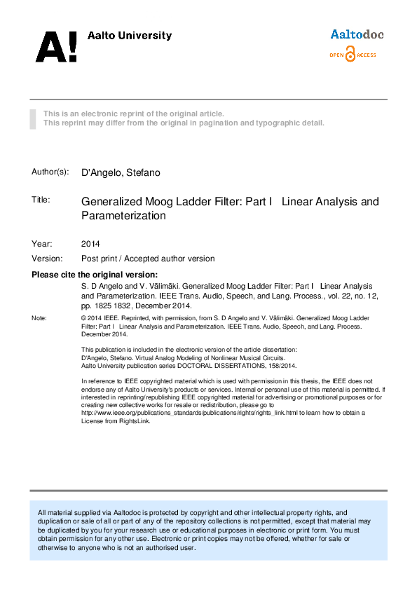 (PDF) Generalized Moog Ladder Filter: Part I–Linear Analysis and ...