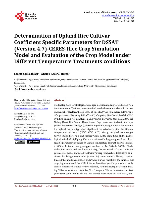 (PDF) Determination of Upland Rice Cultivar Coefficient Specific ...