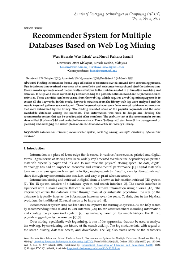 (PDF) Recommender System for Multiple Databases Based on Web Log Mining