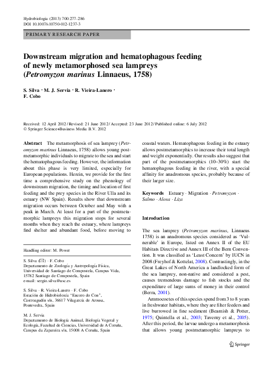 (PDF) Downstream migration and hematophagous feeding of newly ...