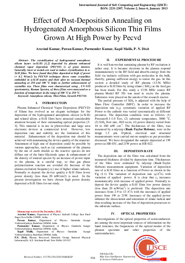 (PDF) Effect of Post-Deposition Annealing On Hydrogenated Amorphous ...
