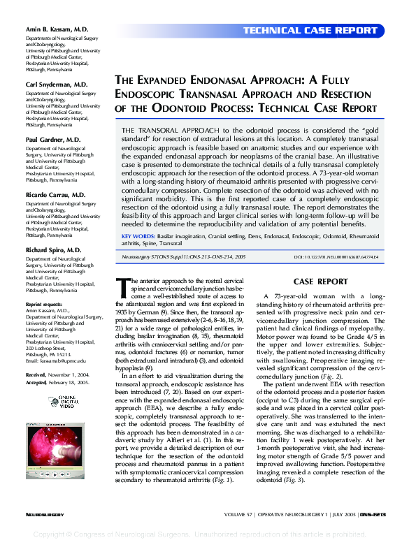 (PDF) Expanded endonasal approach: a fully endoscopic completely transnasal resection of a skull ...