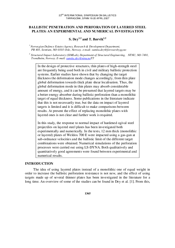 (PDF) Ballistic Penetration and Perforation of Layered Steel Plates: An ...