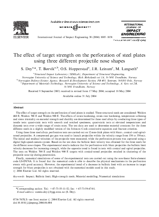 (PDF) The effect of target strength on the perforation of steel plates ...