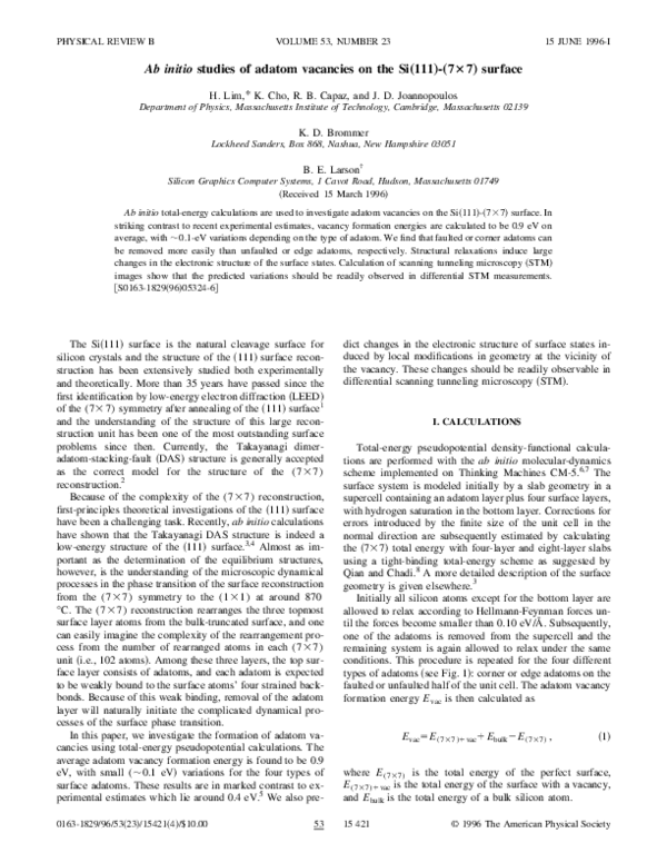 (PDF) Ab initio studies of adatom vacancies on the Si(111)-(7×7) surface