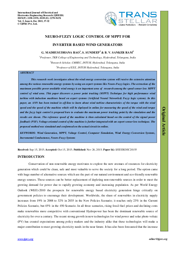 Pdf Neuro Fuzzy Logic Control Of Mppt For Inverter Based Wind Generators