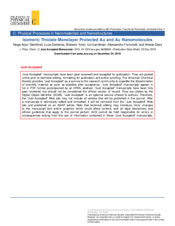 (PDF) Isomeric Thiolate Monolayer Protected Au92 and Au102 Nanomolecules