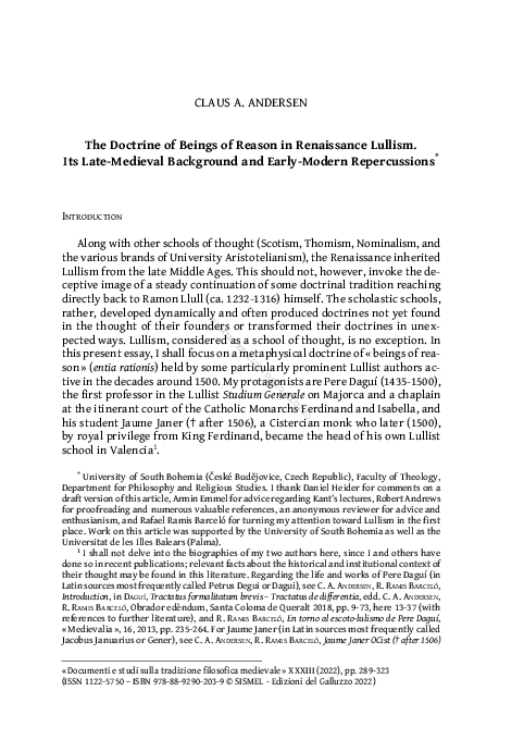 (PDF) The Doctrine of Beings of Reason in Renaissance Lullism. Its Late ...
