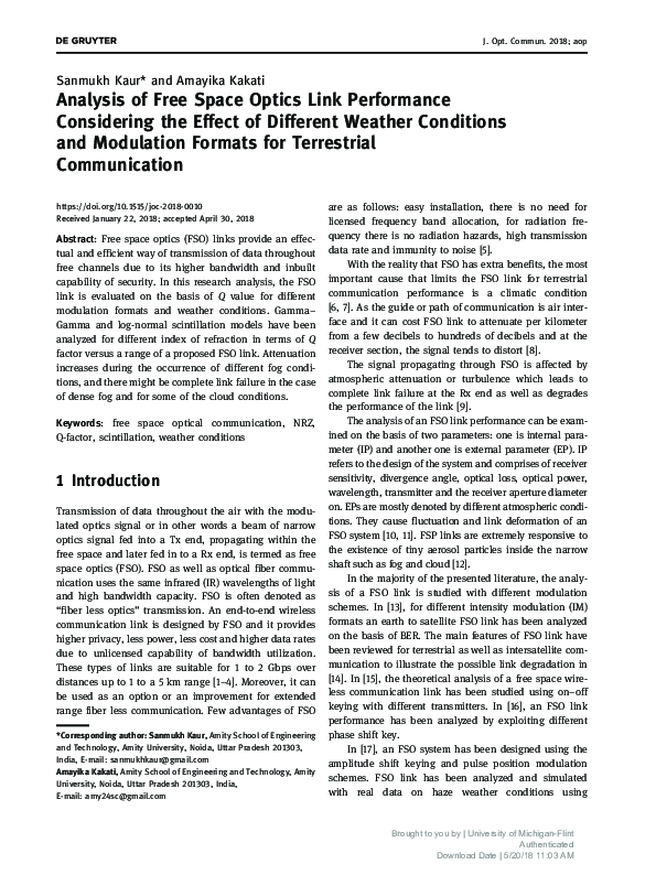 (PDF) Analysis of Free Space Optics Link Performance Considering the ...