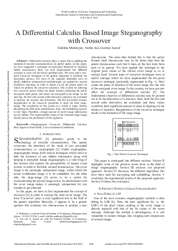 (PDF) A Differential Calculus Based Image Steganography With Crossover