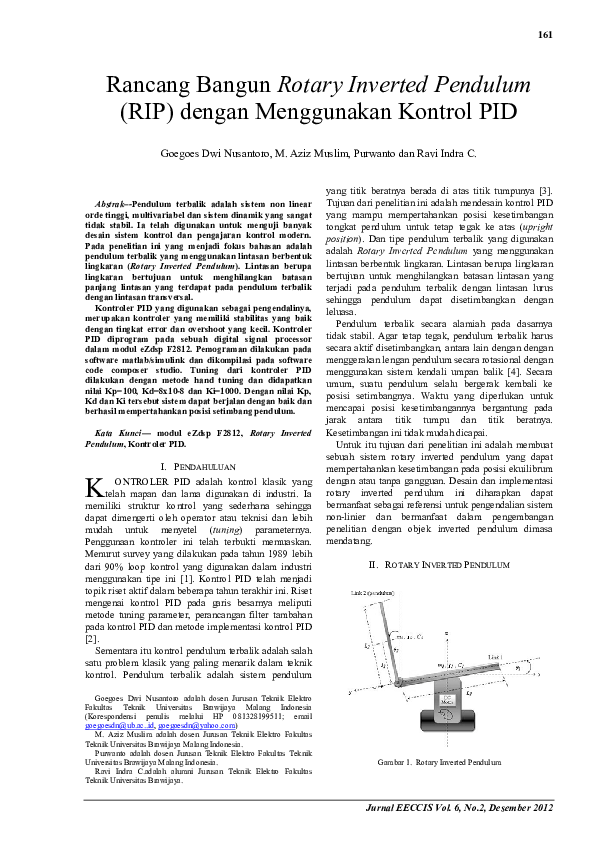 (PDF) Rancang Bangun Rotary Inverted Pendulum (RIP) dengan Menggunakan Kontrol PID