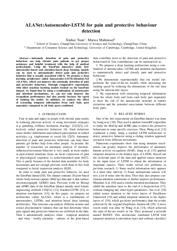 (PDF) ALANet:Autoencoder-LSTM for pain and protective behaviour detection