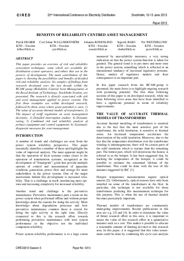 (PDF) Benefits of reliability centred asset management